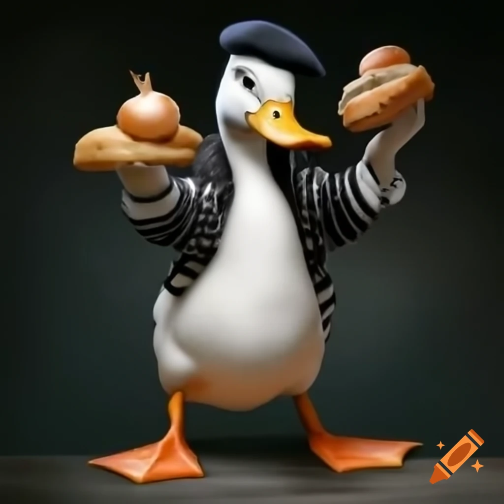 Anthropomorphic French duck in beret and striped shirt with baguette on ...