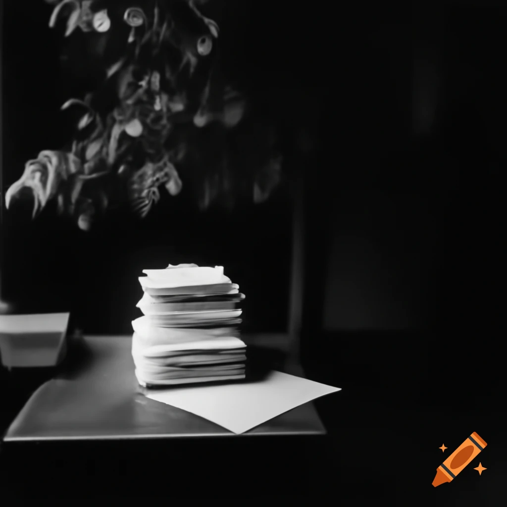Stack of paper photographs in envelope beside ficus tree in dimly lit ...