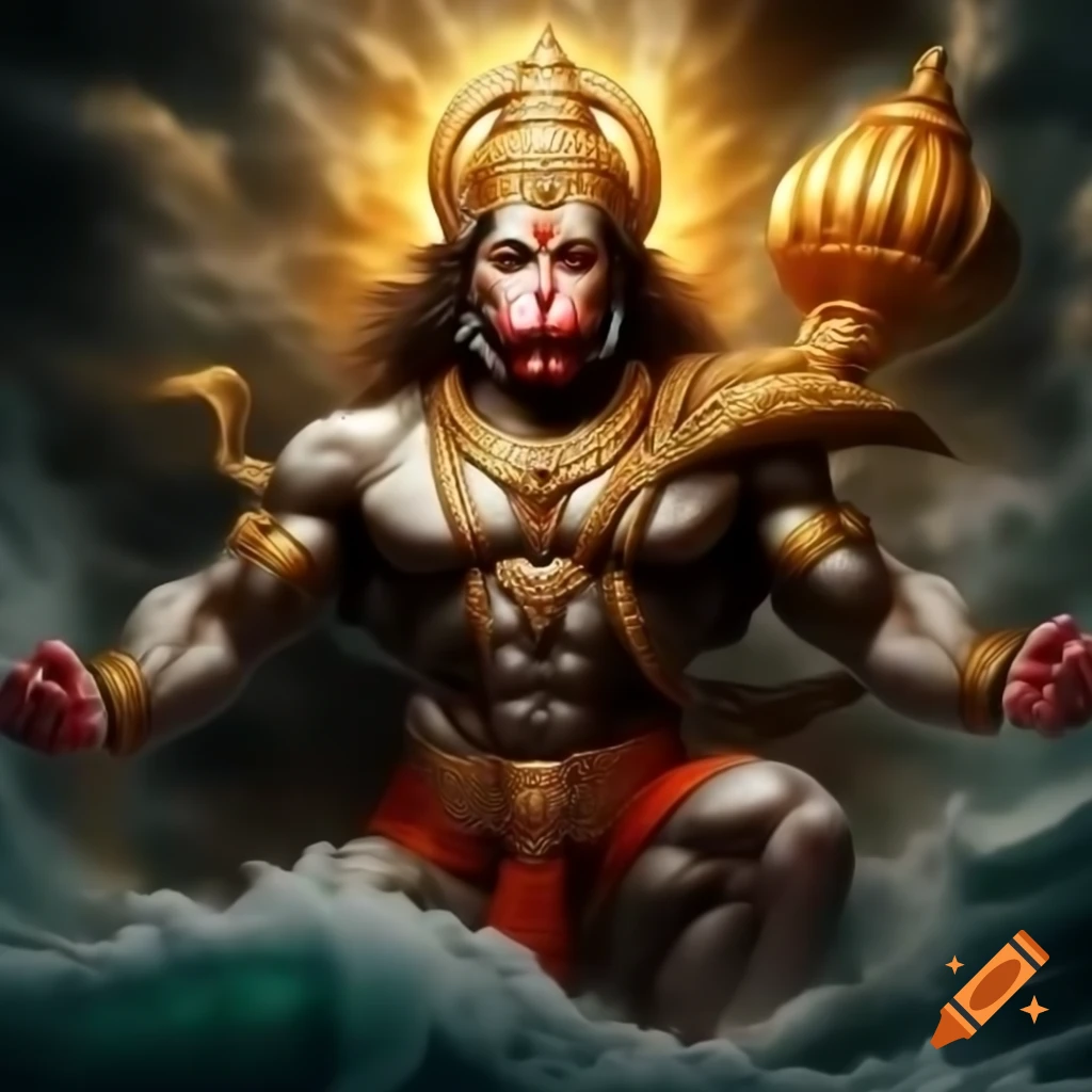 Hanuman confronting golden Mainaka with burst of divine energy and ...