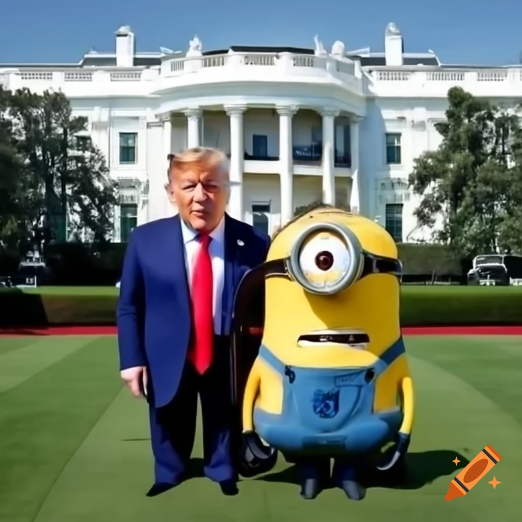 Donald Trump and a yellow minion hugging in front of the White House on ...