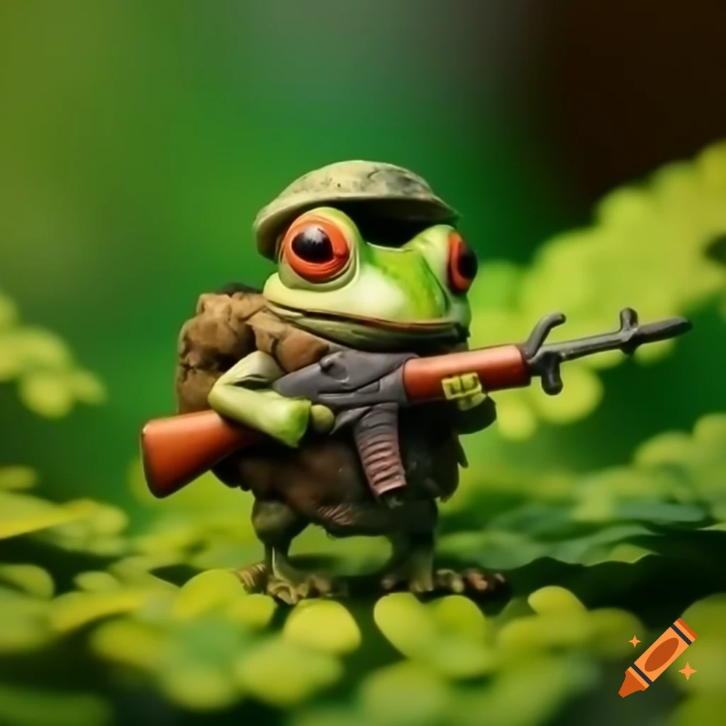 Camouflage tree frog resembling a miniature soldier on green leaves on ...