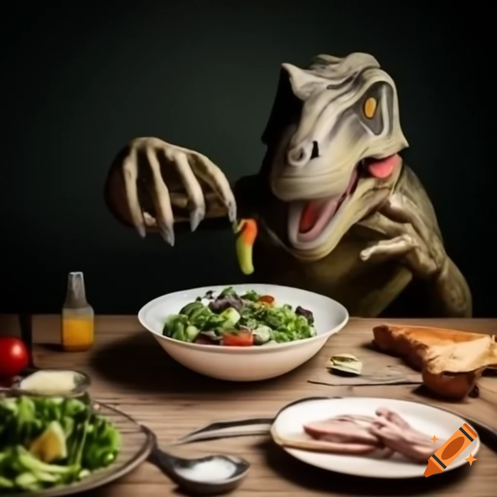 Tyrannosaurus rex with human hands eating caesar salad, ingredients ...