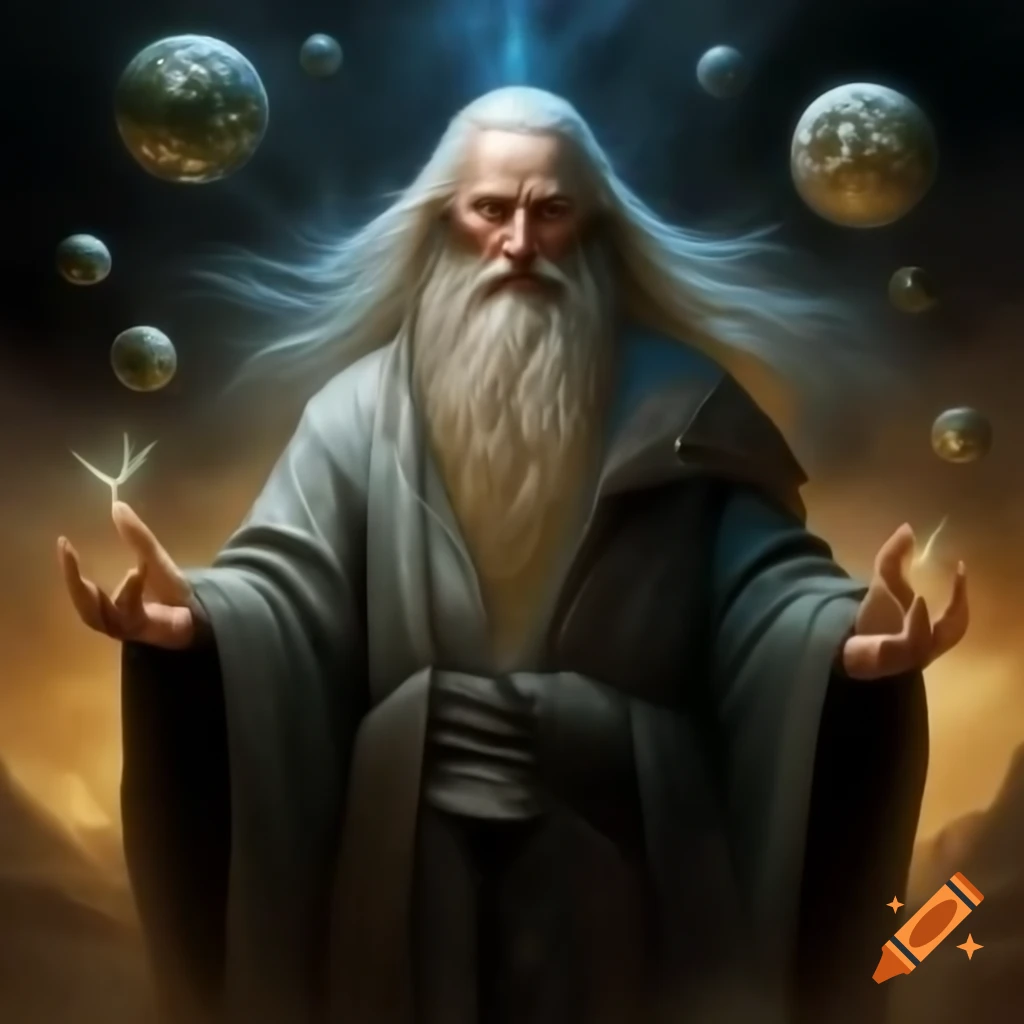 Mystical wise sage figure with long white beard and flowing robe ...