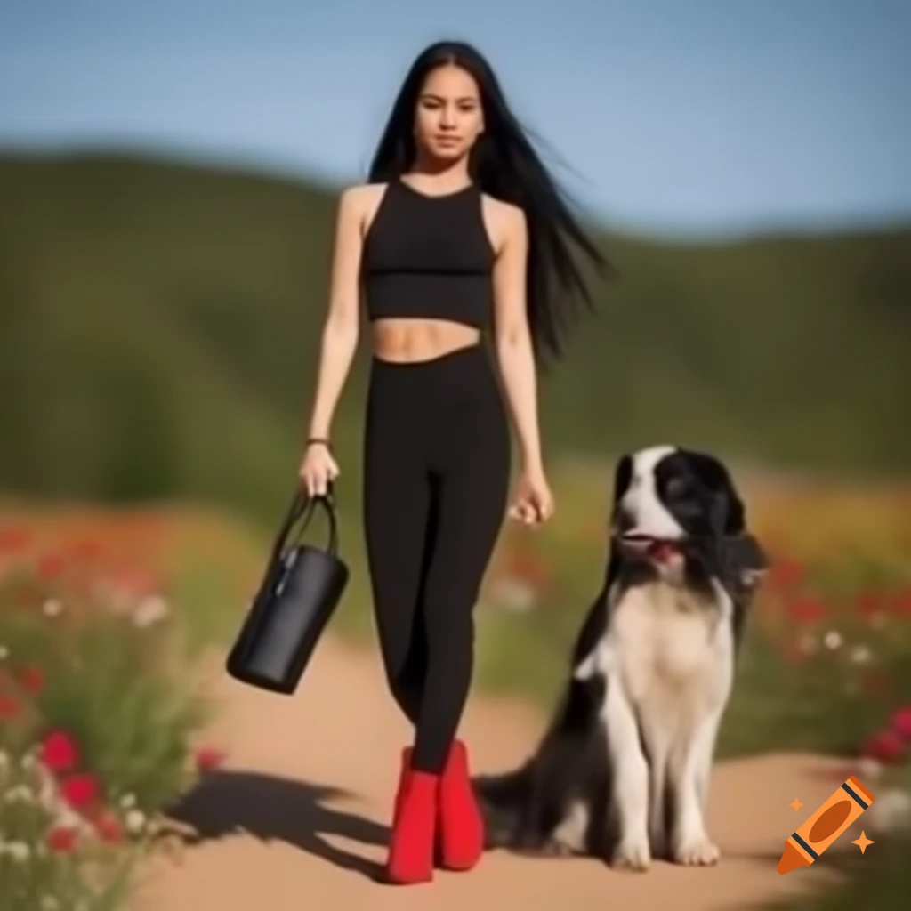 Tall girl in black outfit with red boots walking big dog in flower ...