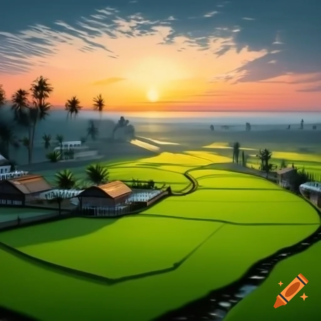 Picturesque sunrise over rice fields in traditional village of coastal ...