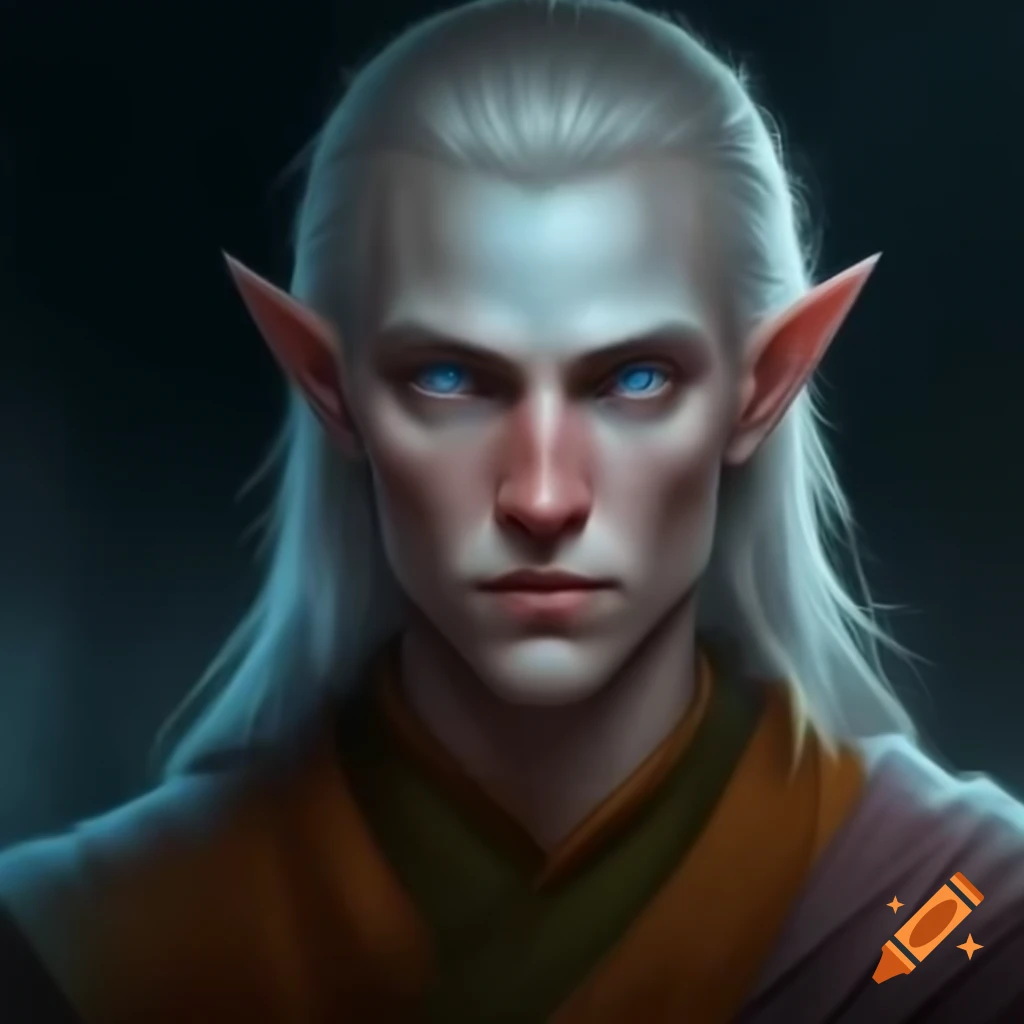Portrait of tall, lean half-elf monk with pale skin and icy blue eyes ...