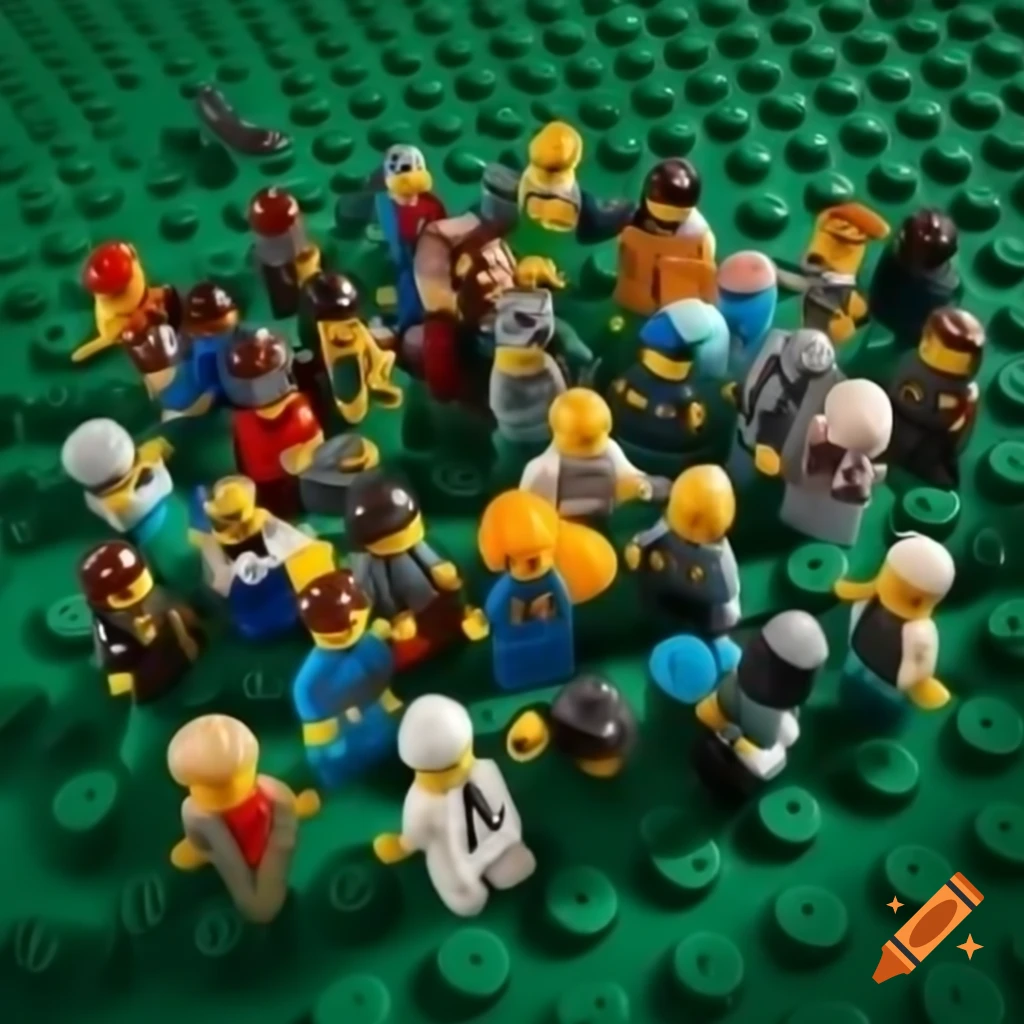 Aerial view of separated groups of LEGO figures on Craiyon