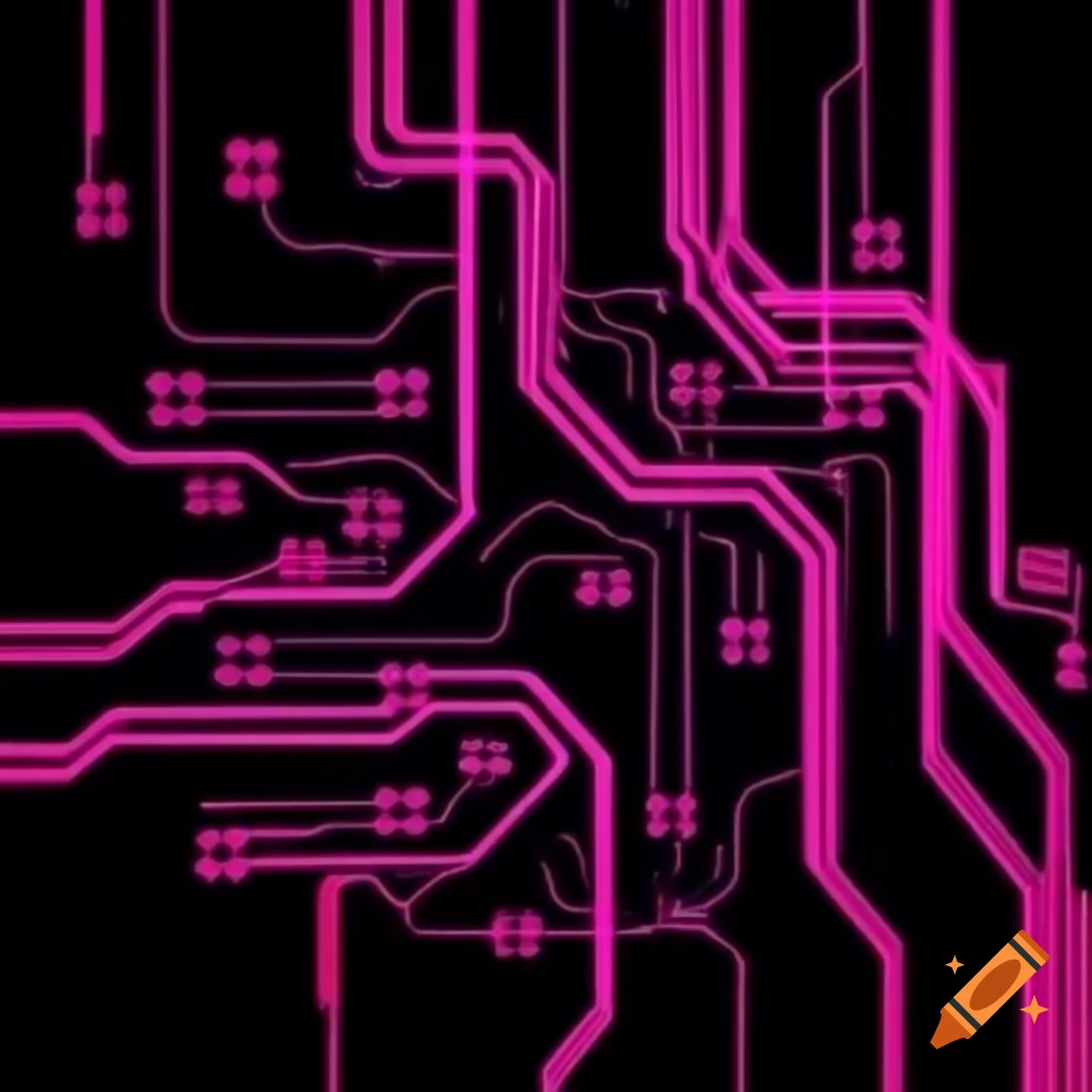 Circuit of glowing pink wires and binary code on Craiyon