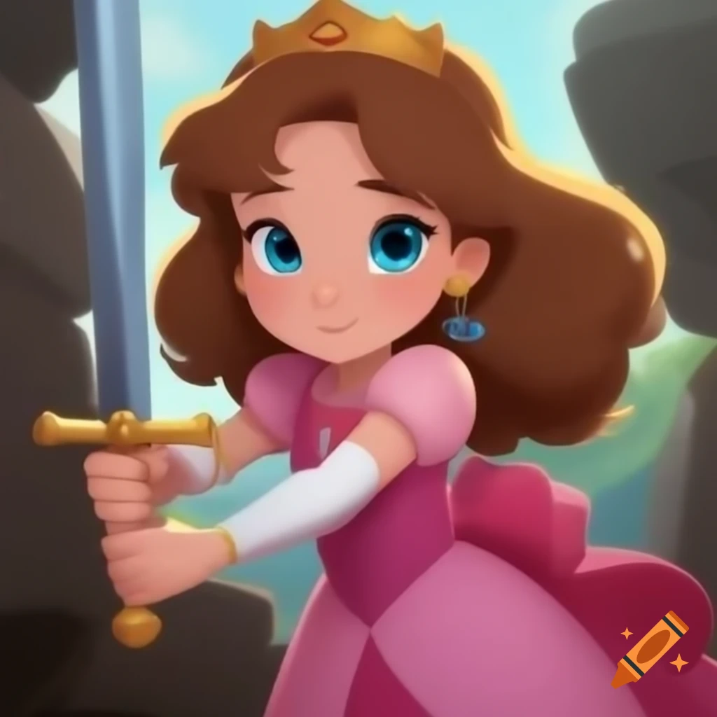 Young princess with brown hair and blue eyes in pink gown pulling sword ...