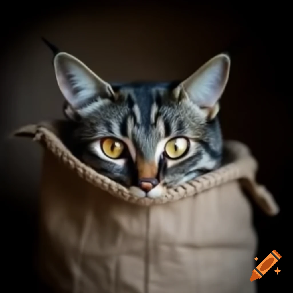 Cat playfully sitting inside a sack on Craiyon