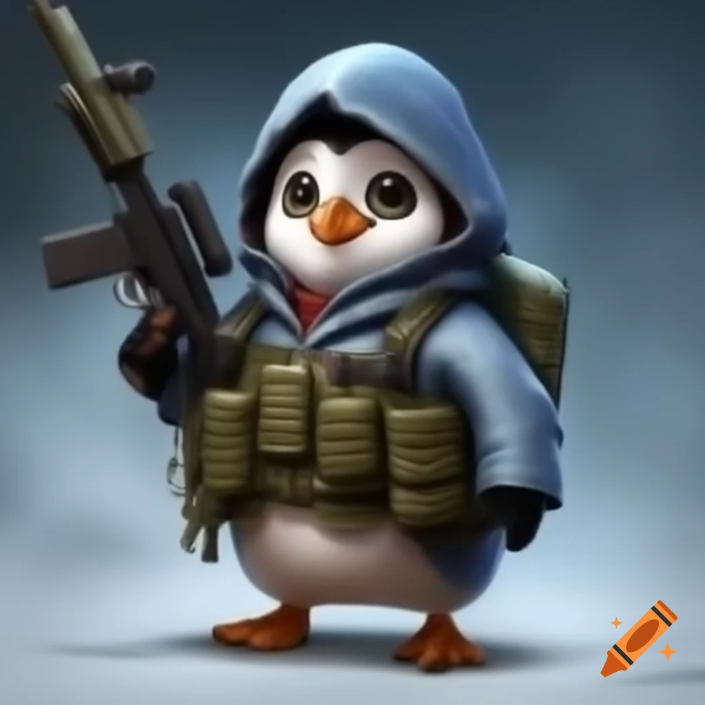 Cute penguin dressed in Call of Duty outfit holding M4 gun on Craiyon