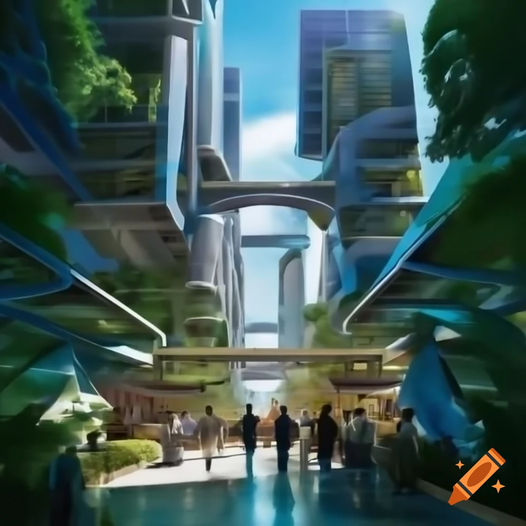 Futuristic solarpunk city street with plantlife and people walking on ...