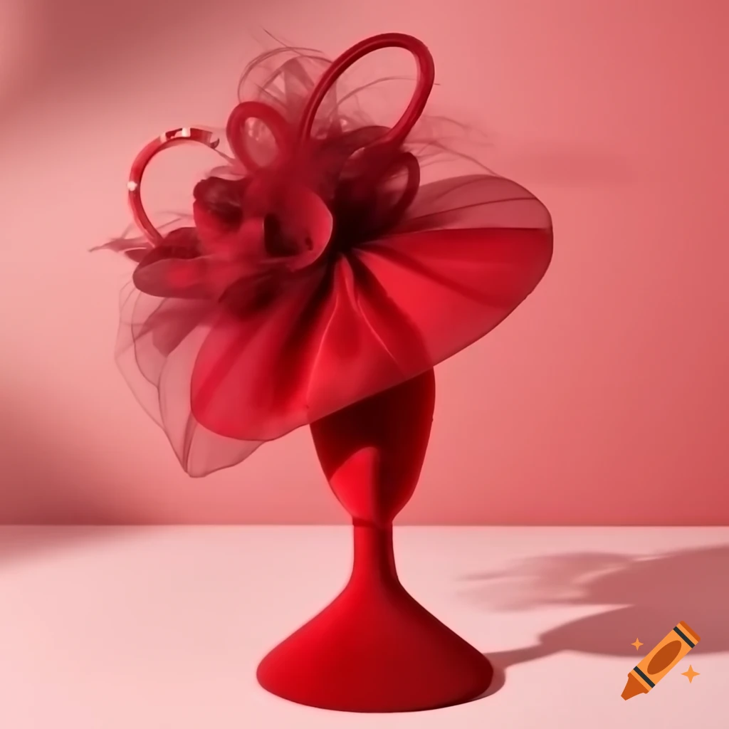 Luxurious red fascinator with heart-shaped base, silk ribbons, and gold ...