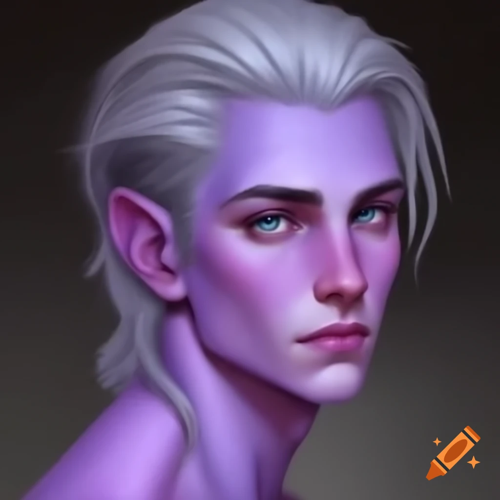 Classic portrait of a young male drow with greyish purple skin and ...