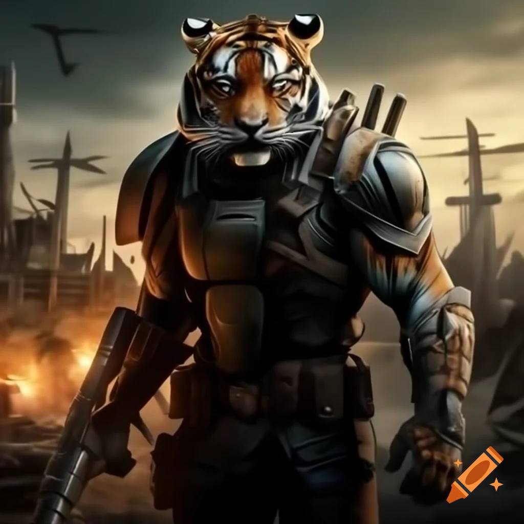 Muscular tiger in battle-damaged armor stands beside an armed ...