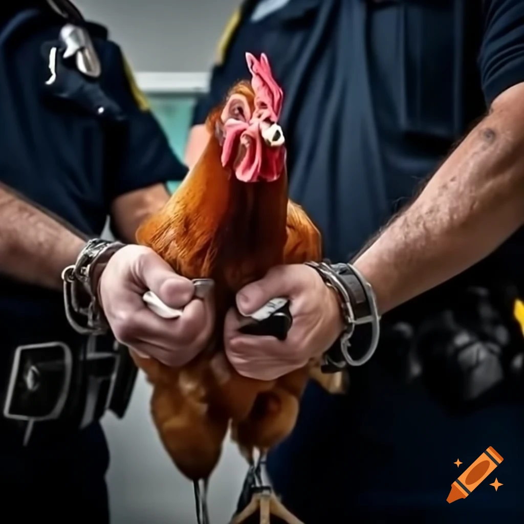 Humorous scene of a chicken being arrested by police with handcuffs on ...