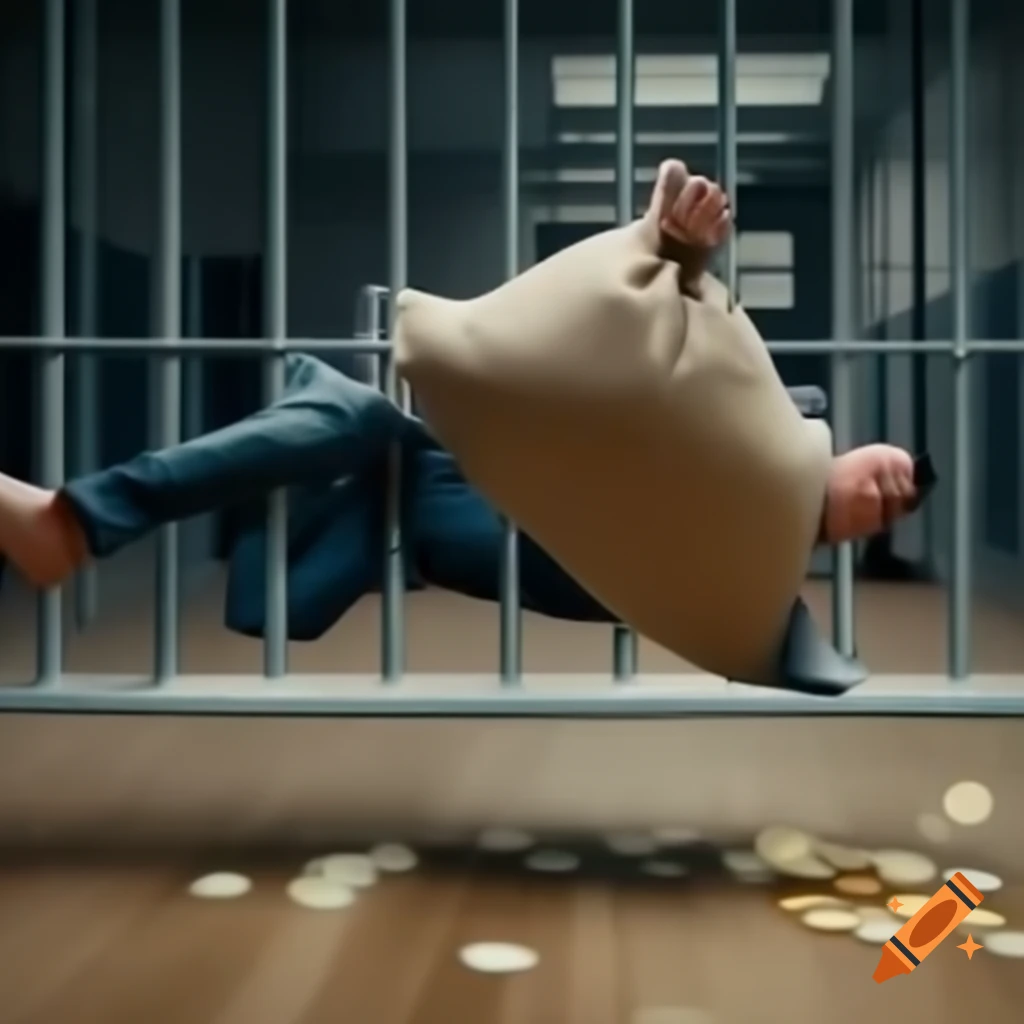 Person escaping from prison with sack of cryptocurrency on Craiyon