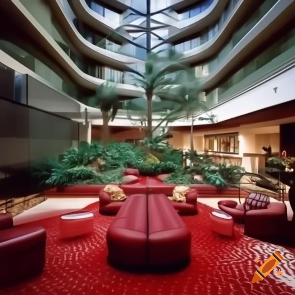 80s postmodern hotel with rounded rectangle atrium, multi-story design ...