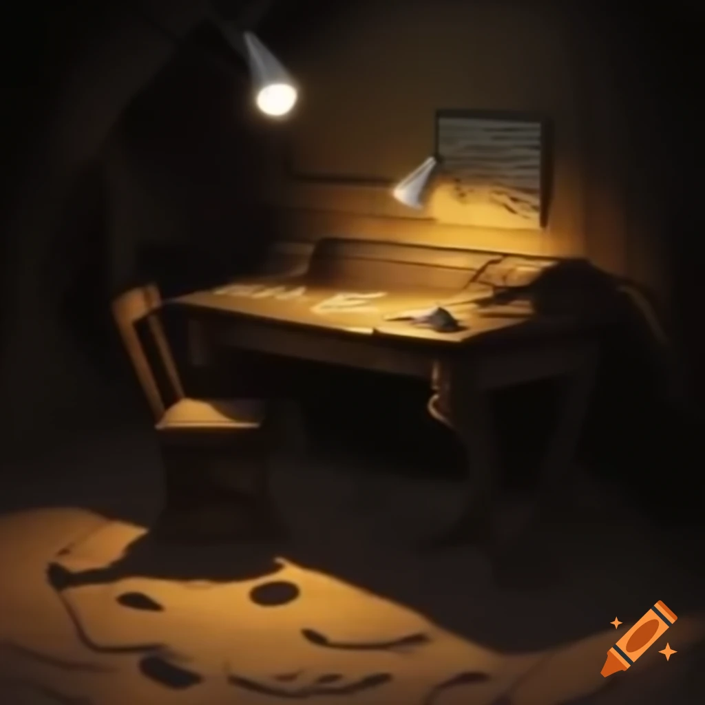 Old wooden desk in dark room with illuminated lamp and fallen hourglass ...