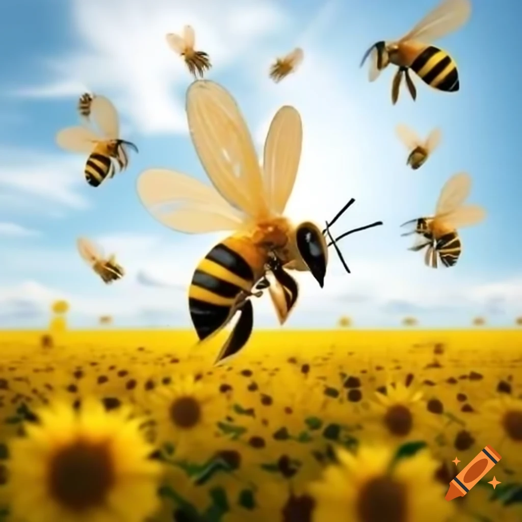 Bee performing a dance in the air to guide others to food source on Craiyon