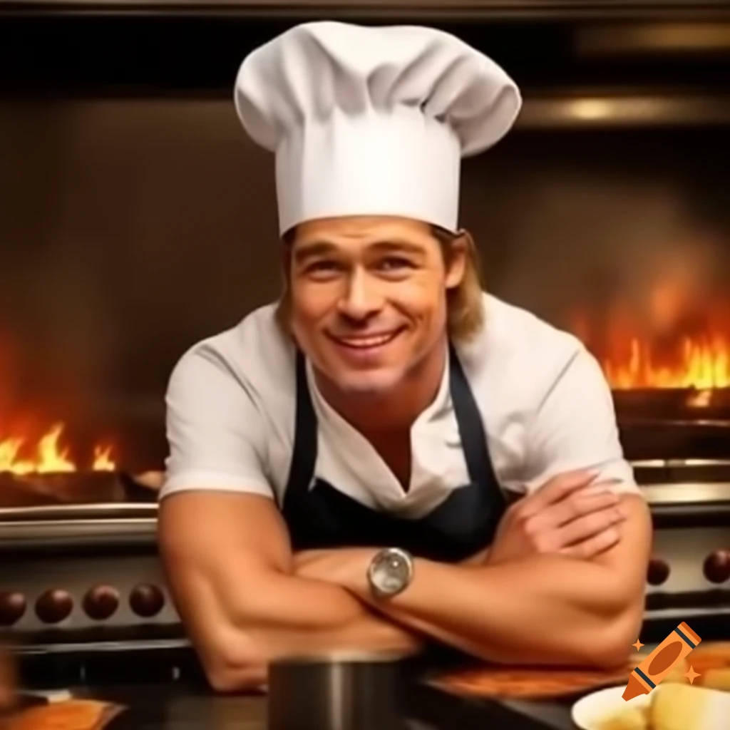 Brad pitt in chef hat and apron, smiling while cooking with pan on fire on Craiyon