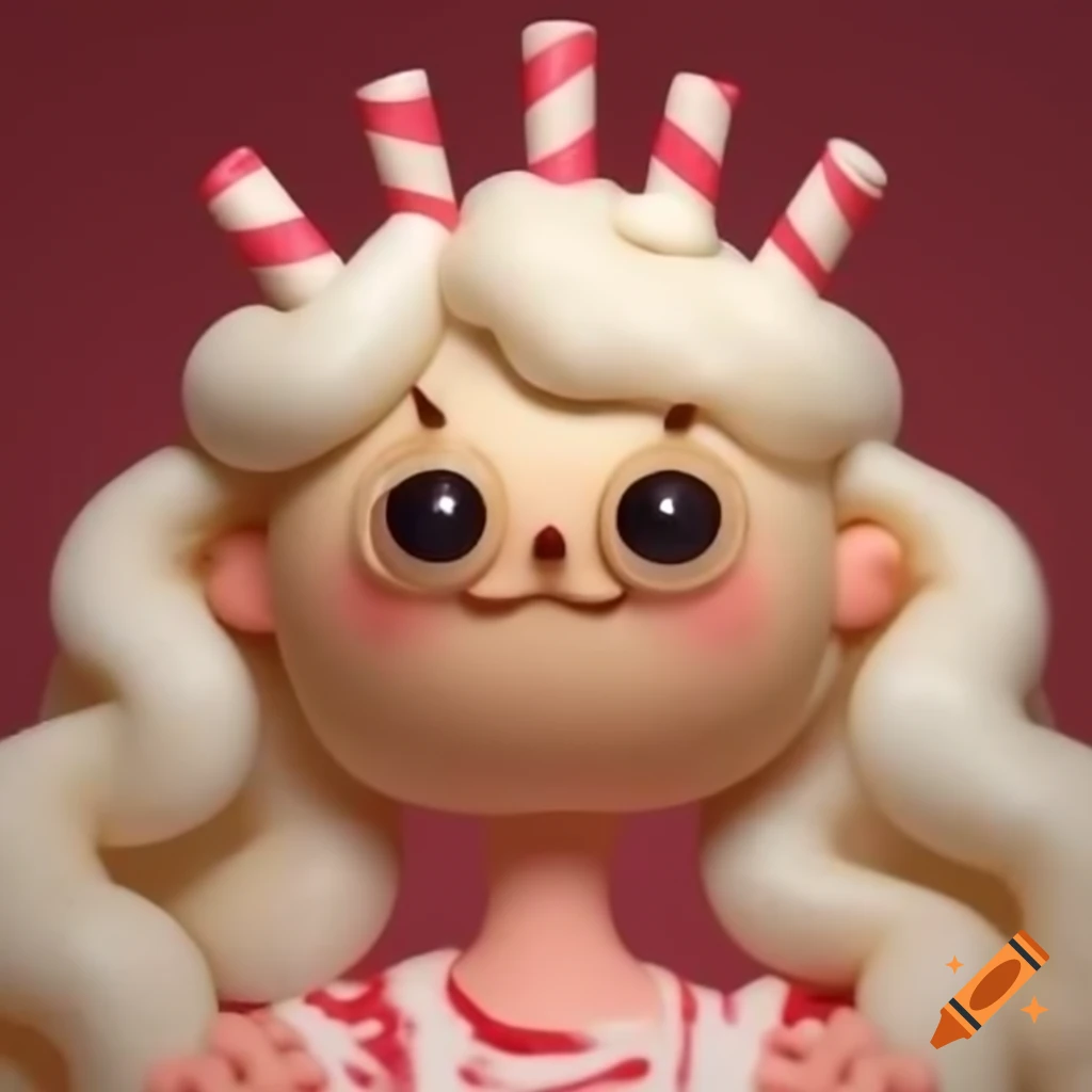Whimsical confectionery creature with whipped cream hair and candy cane ...