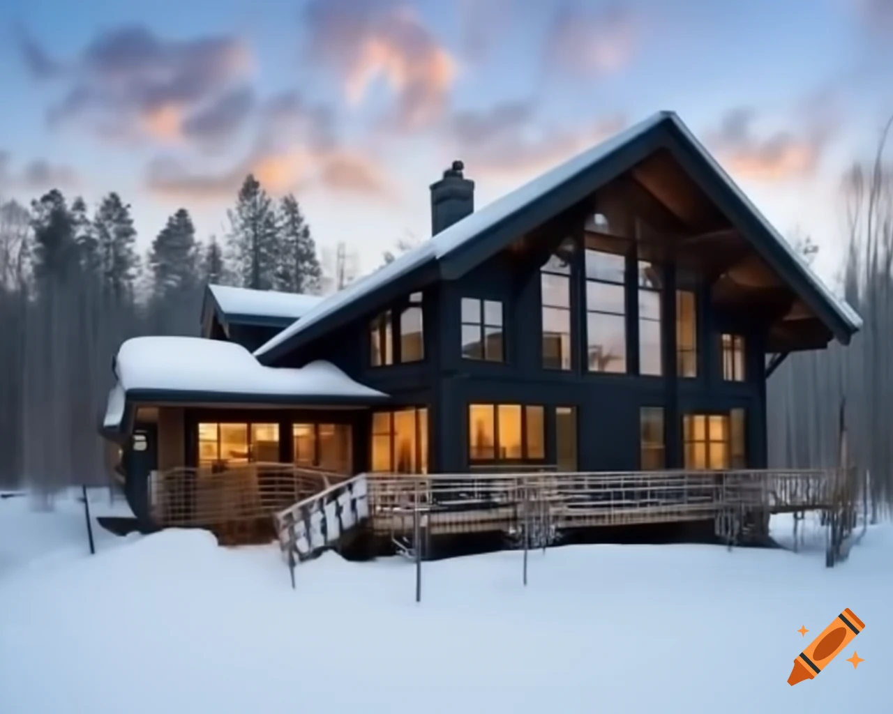 Large black wood cabin surrounded by snow, ideal for a cozy ski trip on Craiyon