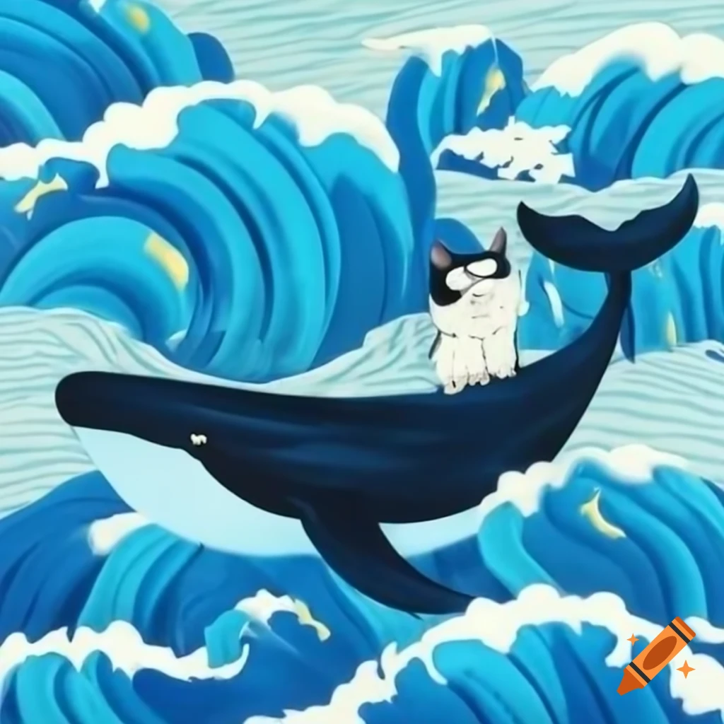 Japanese painting of cat swimming on whale in high waves on Craiyon