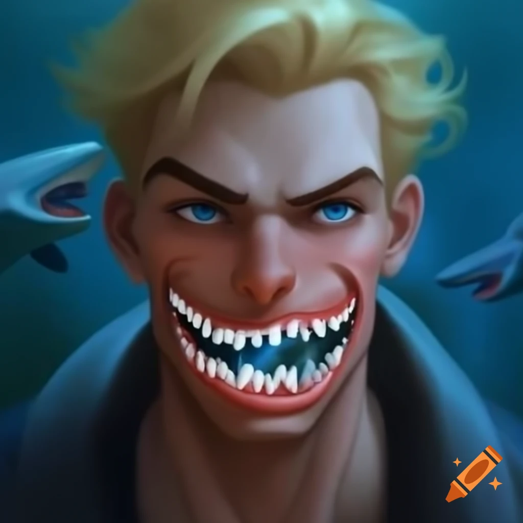 Man with blonde hair and blue eyes, featuring shark teeth on Craiyon