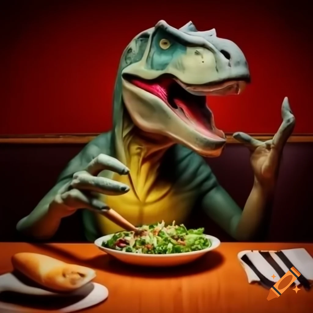Tyrannosaurus Rex with human hands eating Caesar salad at a table on ...