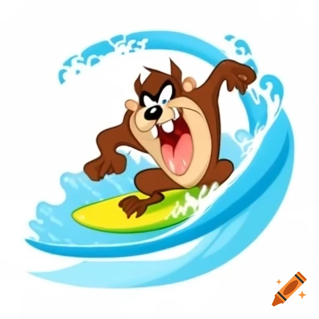 Taz surfing on a wave with impressive skill on Craiyon