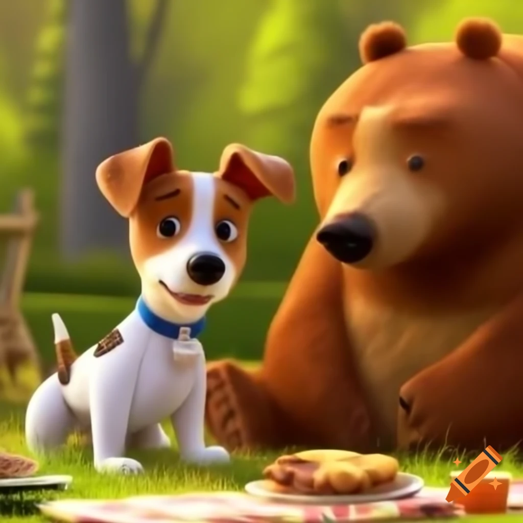Jack russell and grizzly bear sharing a picnic on Craiyon