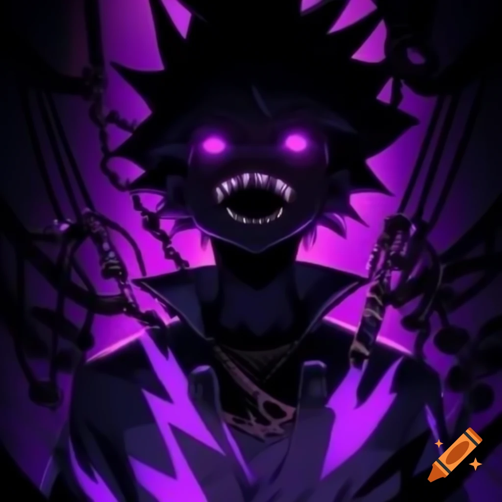 Demonic anime character in shadow with glowing purple eyes and chains ...
