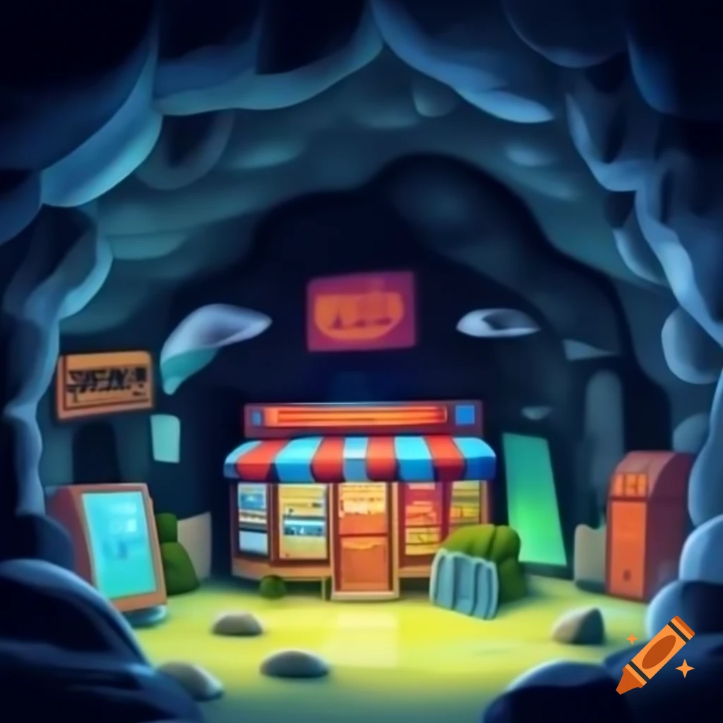 Digital illustration of a trading card storefront in a grotto, cute and ...