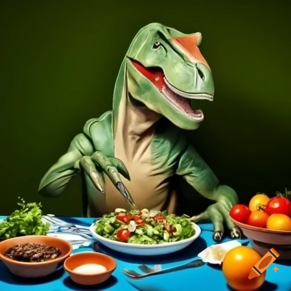 Tyrannosaurus rex with human hands eating caesar salad, ingredients ...