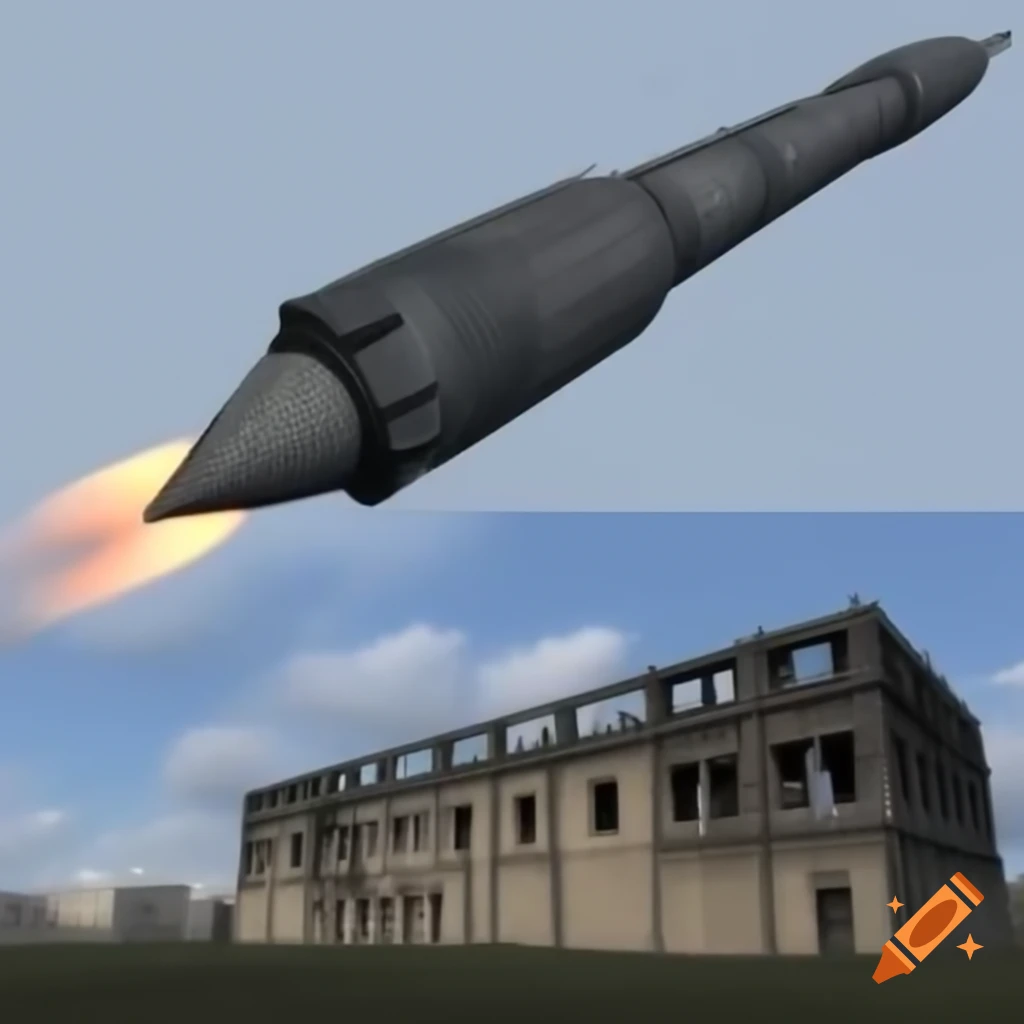 Conceptual design of a missile striking a building, showcasing ...