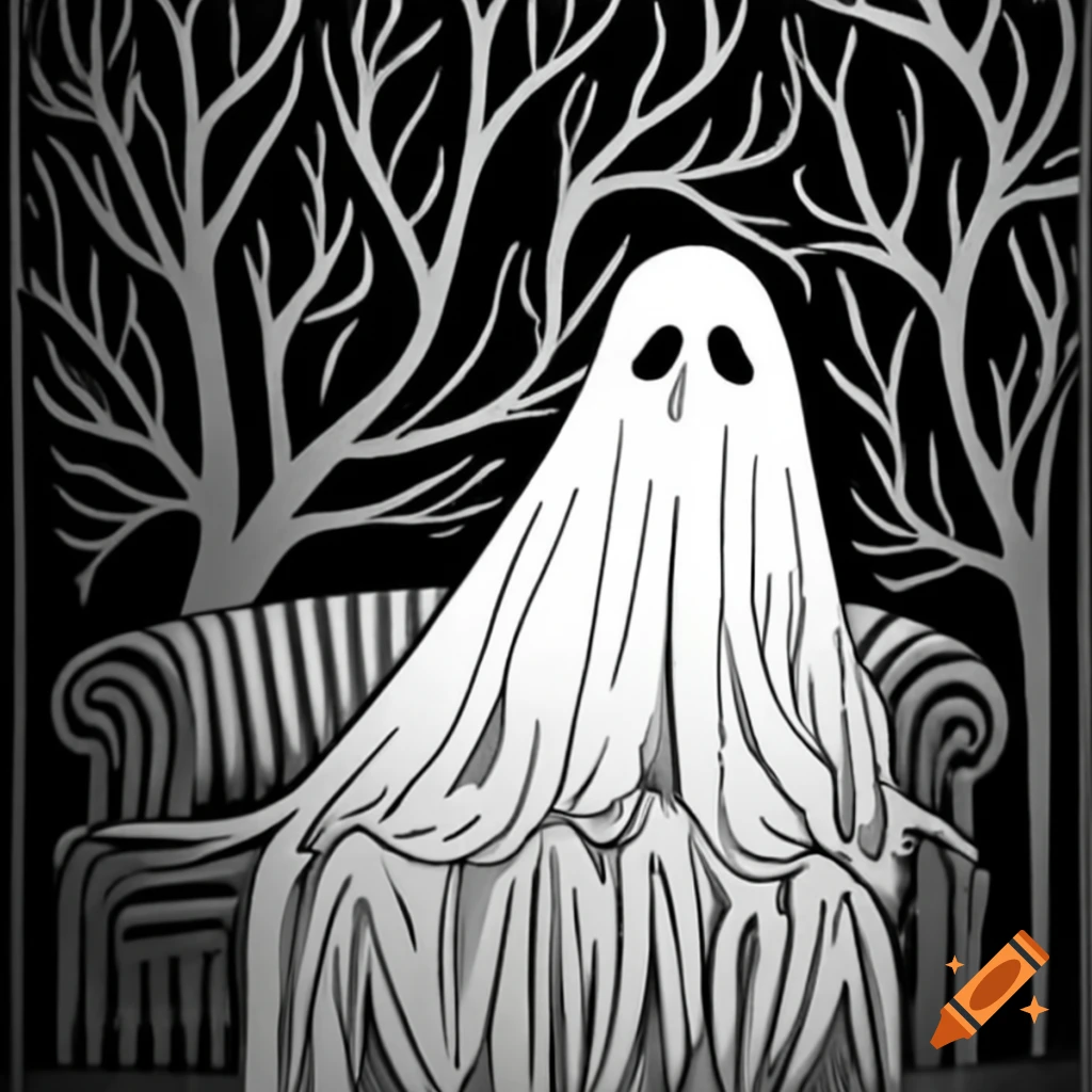 Ghost sitting on couch next to tree for linocut carving on Craiyon