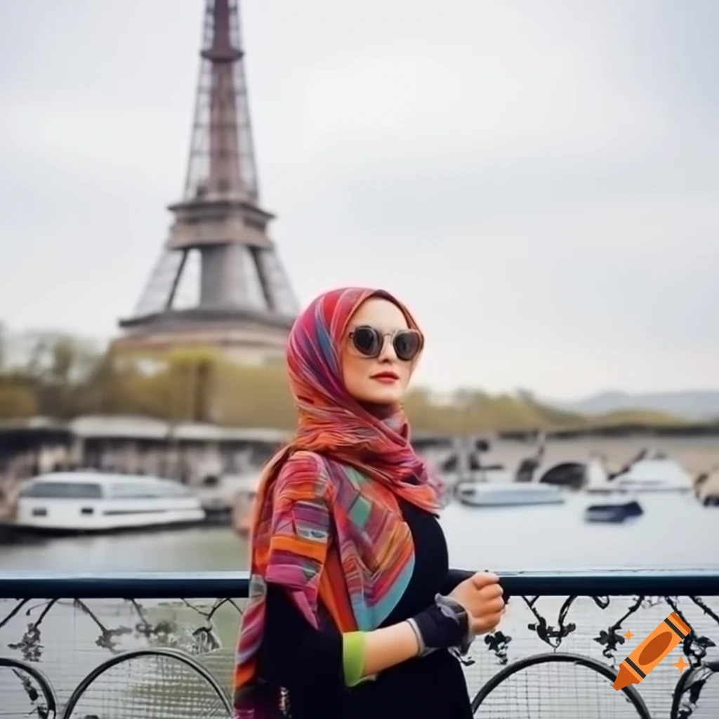 Girl in colorful Turkish hijab by Seine River with Eiffel Tower on Craiyon