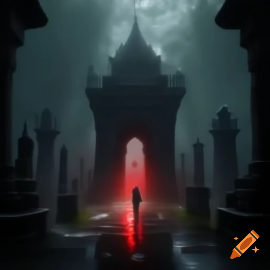 Ornately carved necropolis in rain with red light illuminating dark ...