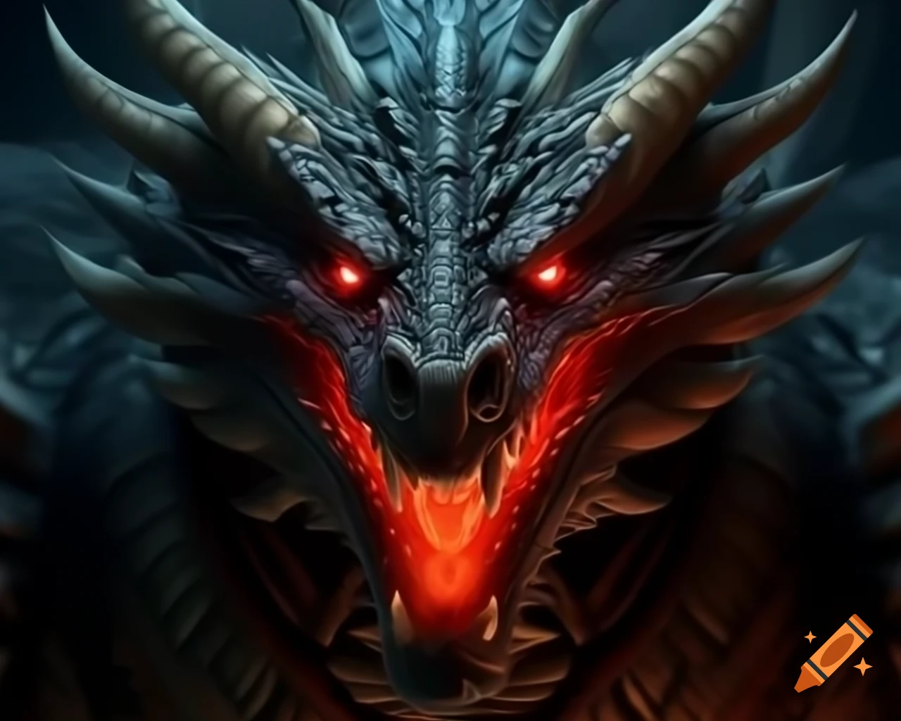 Fearsome dragon with glowing eyes and sharp teeth, detailed scales and ...