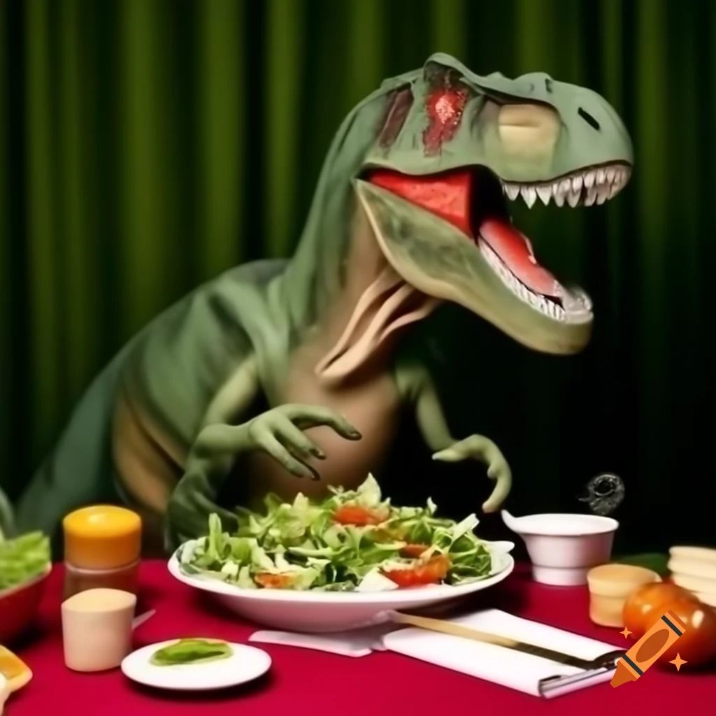 Tyrannosaurus Rex with human hands eating Caesar salad, ingredients ...
