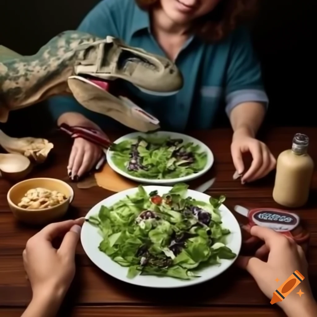 Tyrannosaurus Rex with human hands eating Caesar salad, ingredients ...