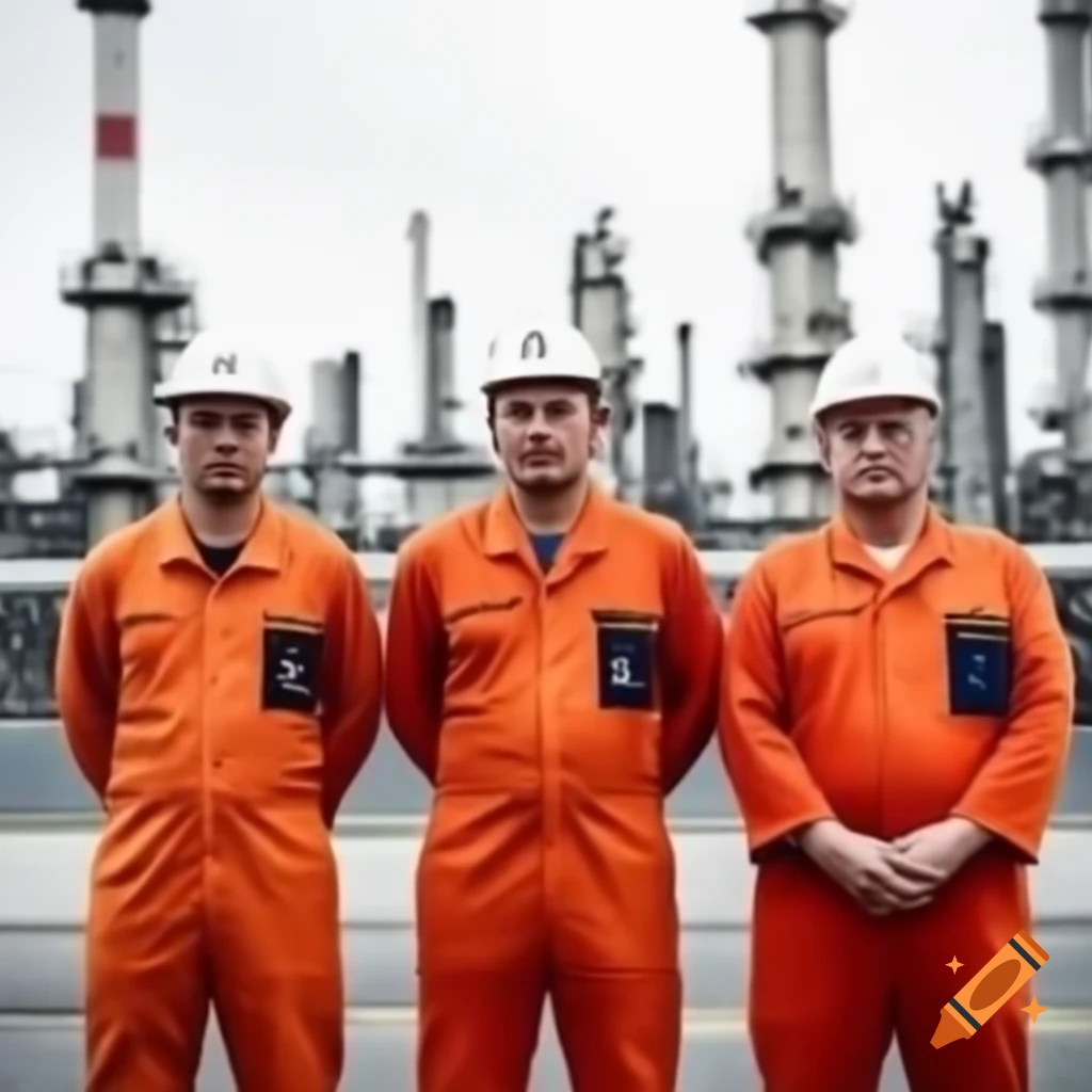 Employees in orange coveralls with Kaefer Energy logo at refinery on ...