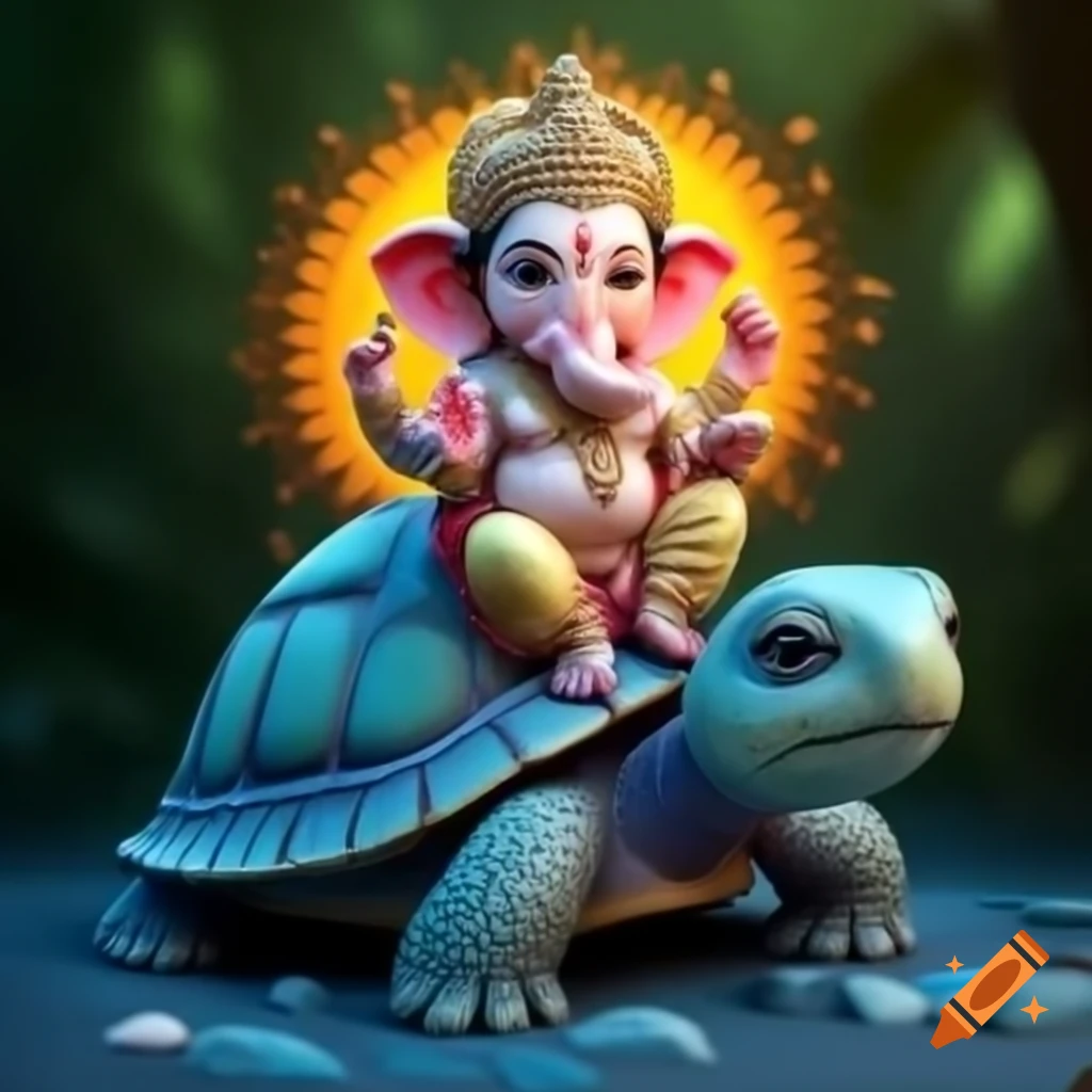 Cute lord ganesh on blue turtle with rising sun on Craiyon