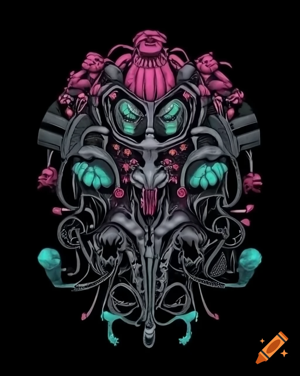 Blooming flower with steampunk elements and tentacles in a labyrinthine ...