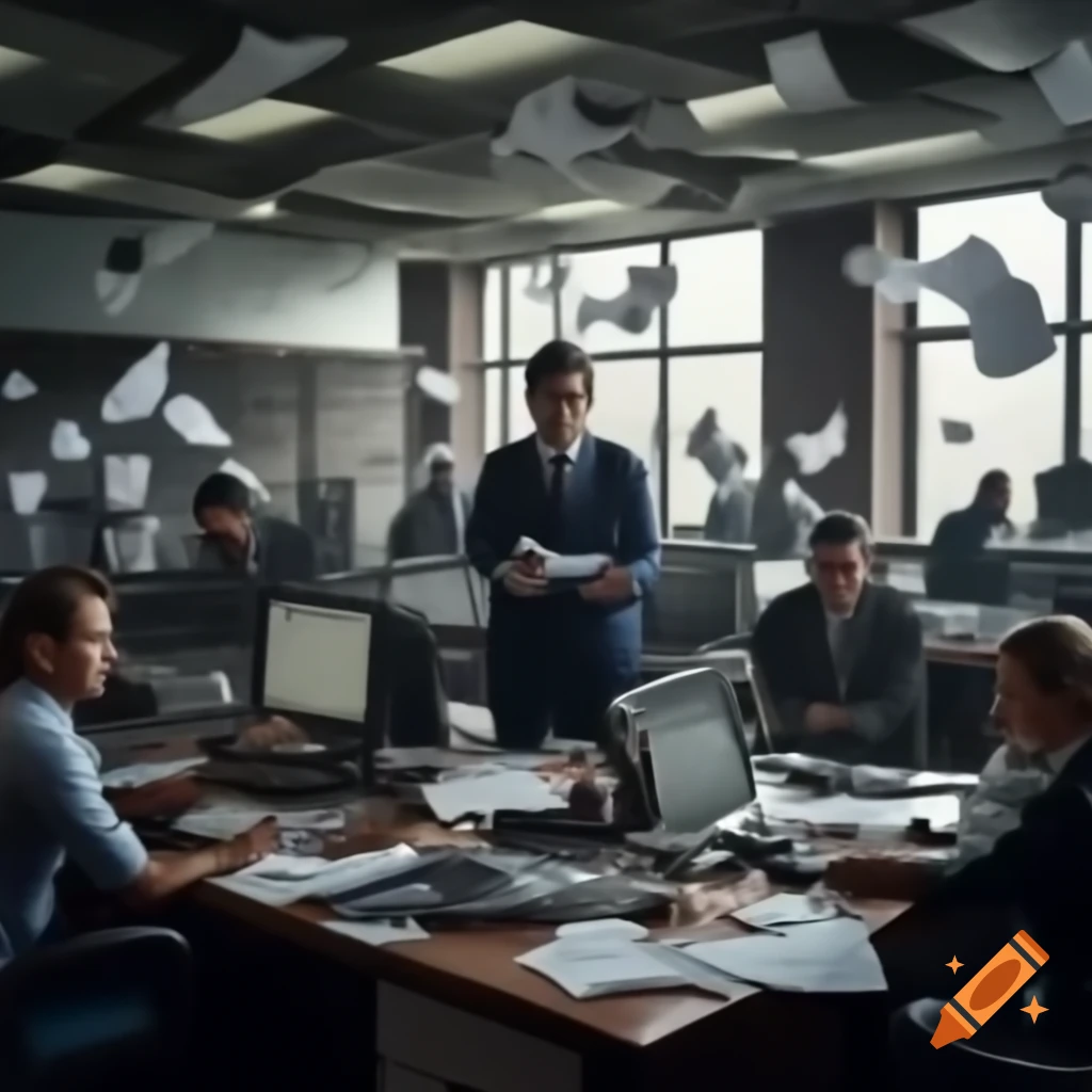 Chaotic office with employees overwhelmed by paperwork and a frustrated ...