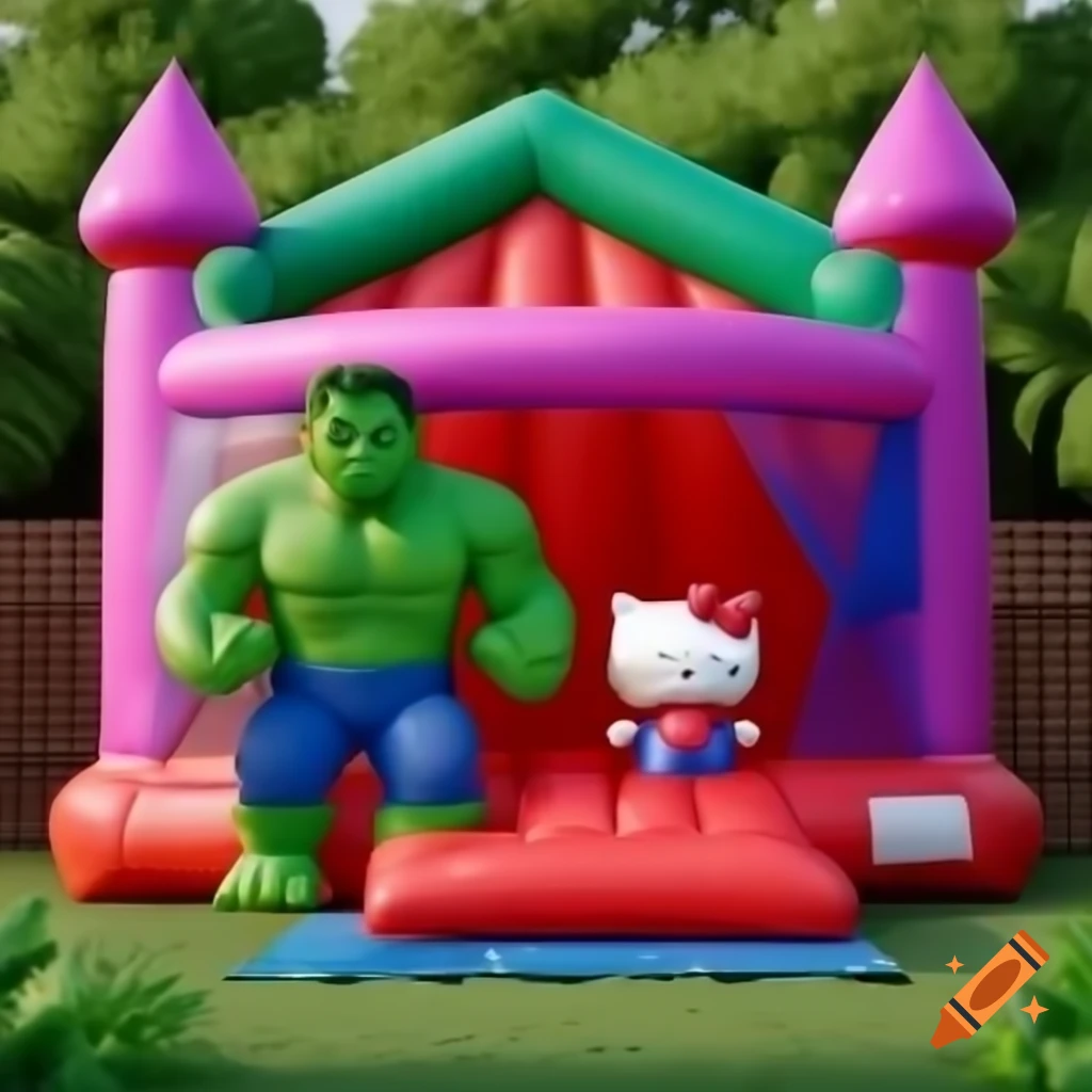 Spider-man, the hulk, and hello kitty playing in a bouncy house surrounded by balloons on Craiyon