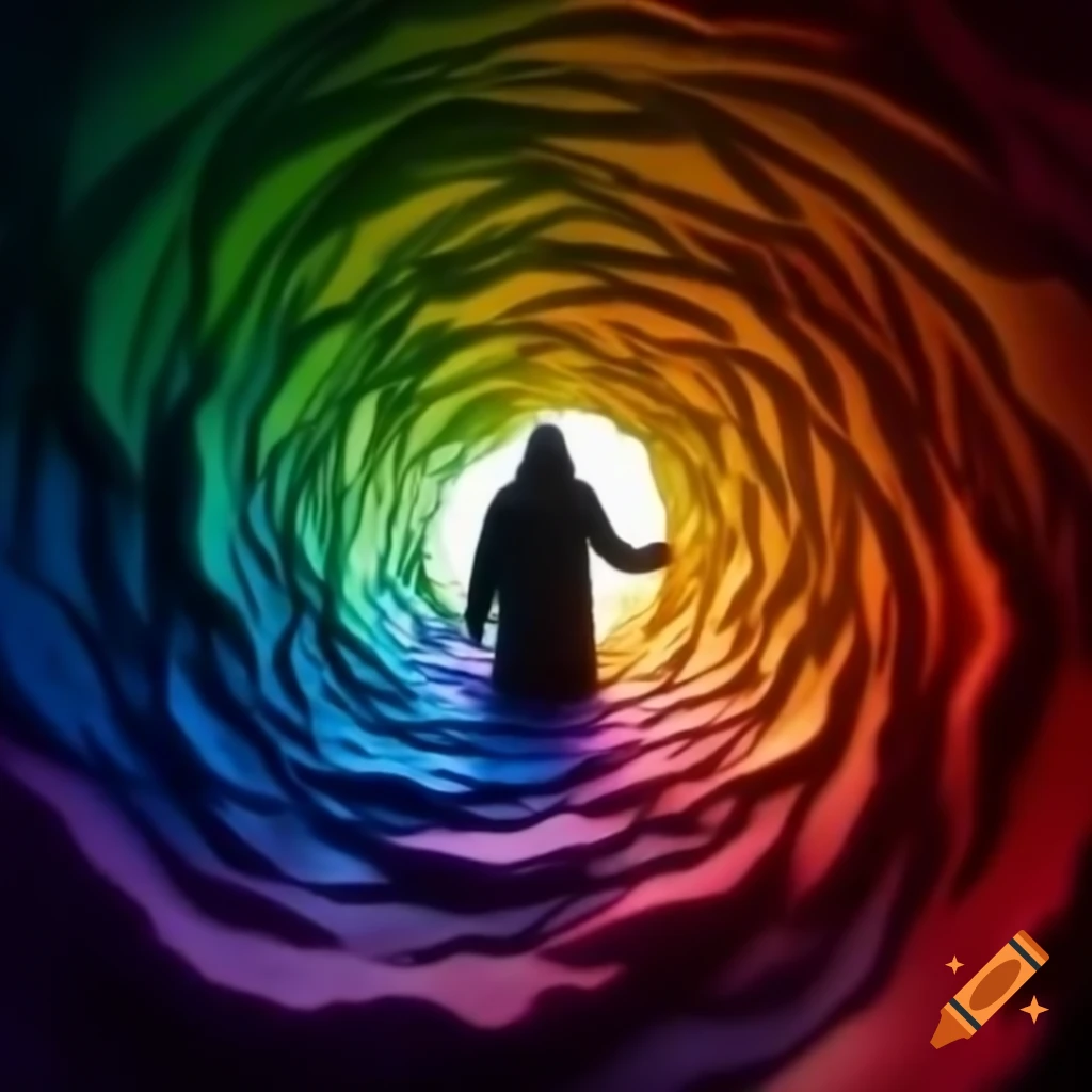Shadowy figure emerging from swirling rainbow portal on Craiyon