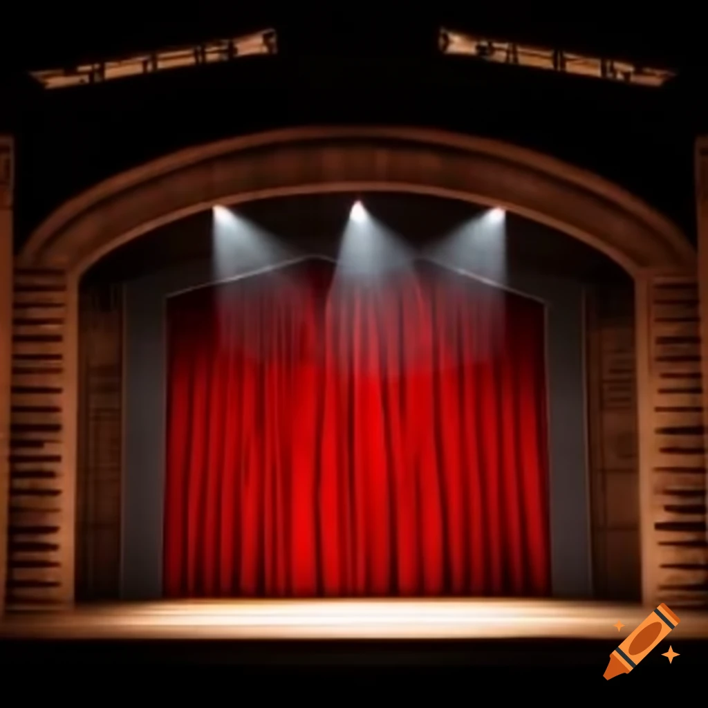 Rustic wooden stage with red drop curtain and microphone center stage ...