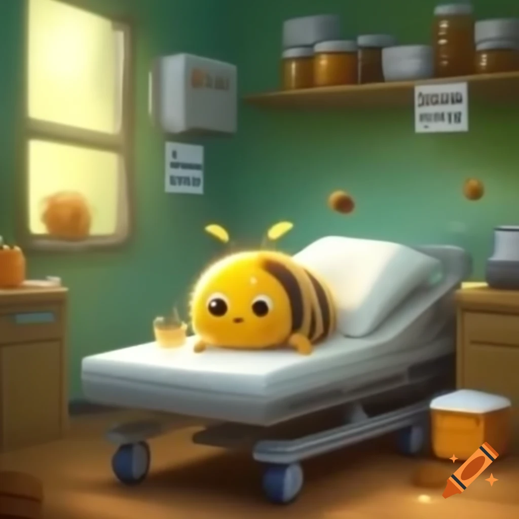 Cute bee in hospital room with bandaged wing and honey jars on Craiyon